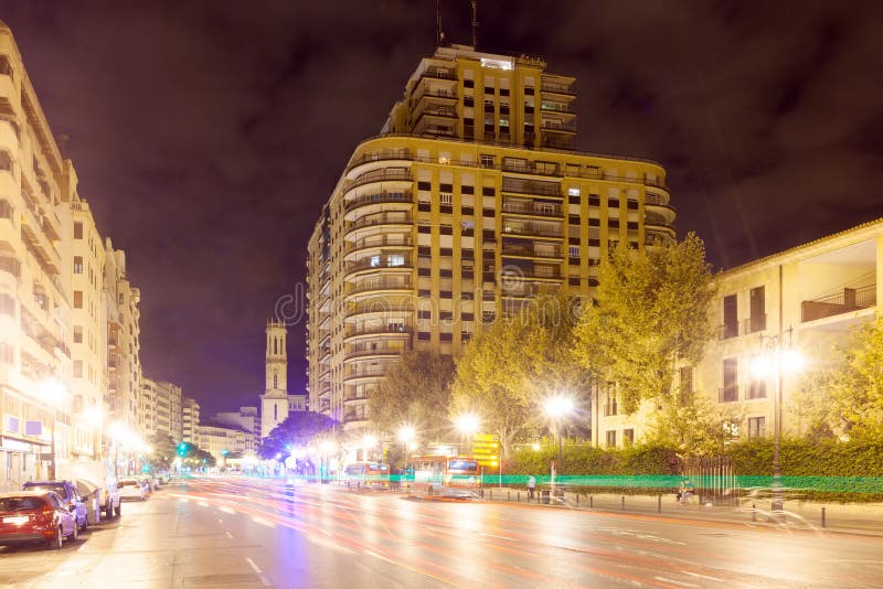City Street in Night. Valencia Stock Image - Image of transportation ...