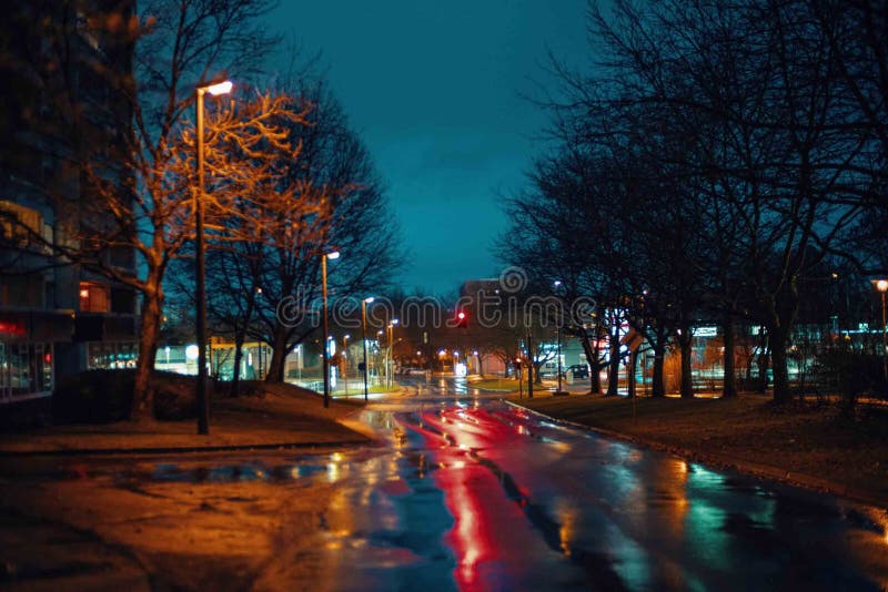 City Street at Night with Wet Road and Illuminated Street Lights Stock ...