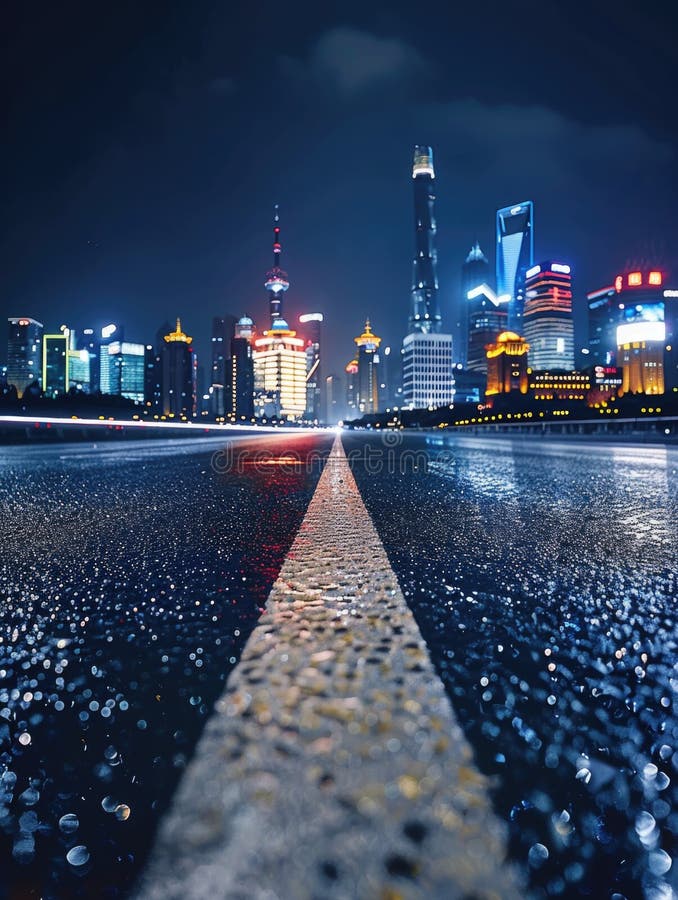 City Street at Night with a White Dividing Line Stock Photo - Image of ...