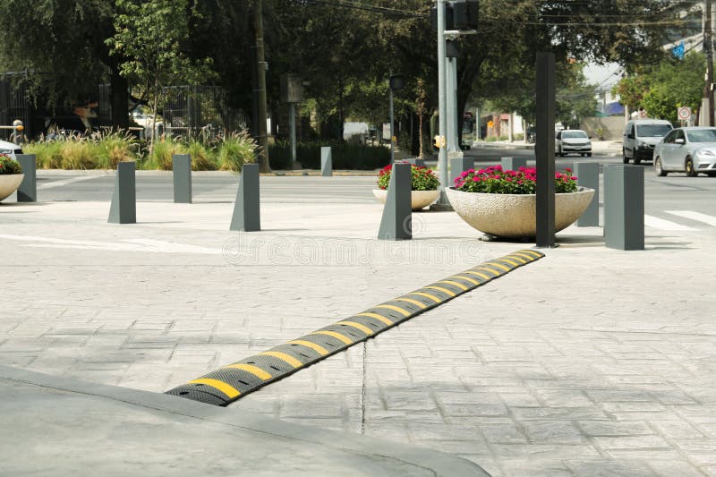 Striped Speed Bump on Street. Road Safety Stock Image - Image of road ...