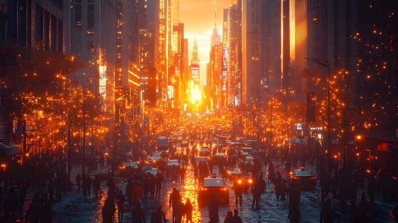 City Street at Sunset stock illustration. Illustration of streetlights ...