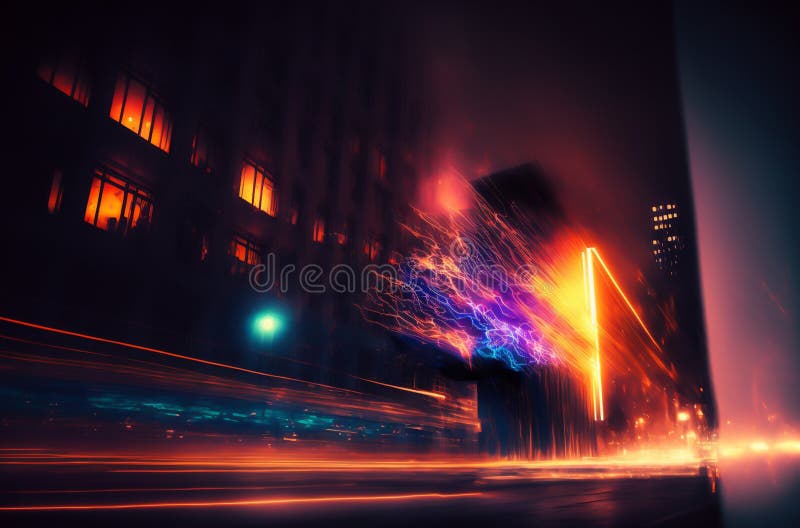 City Streets with Light Tracing Effect. Dark Streets Illuminated by ...