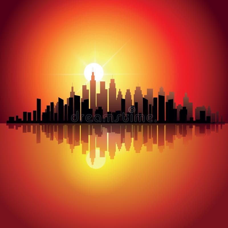 Skylines and Sunset of Dark City Stock Illustration - Illustration of ...