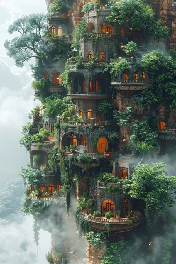 A City Suspended in the Clouds Where Platforms and Walkways Connect ...