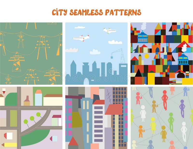 City and Town Seamless Patterns Set Stock Vector - Illustration of ...