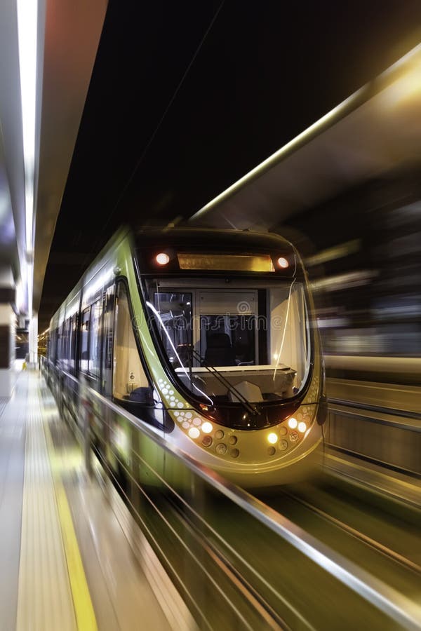 A city tram bus at night stock image. Image of exchange - 82496055