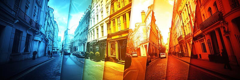 City Travel Collage Divided by White Vertical Lines with Bright Light ...