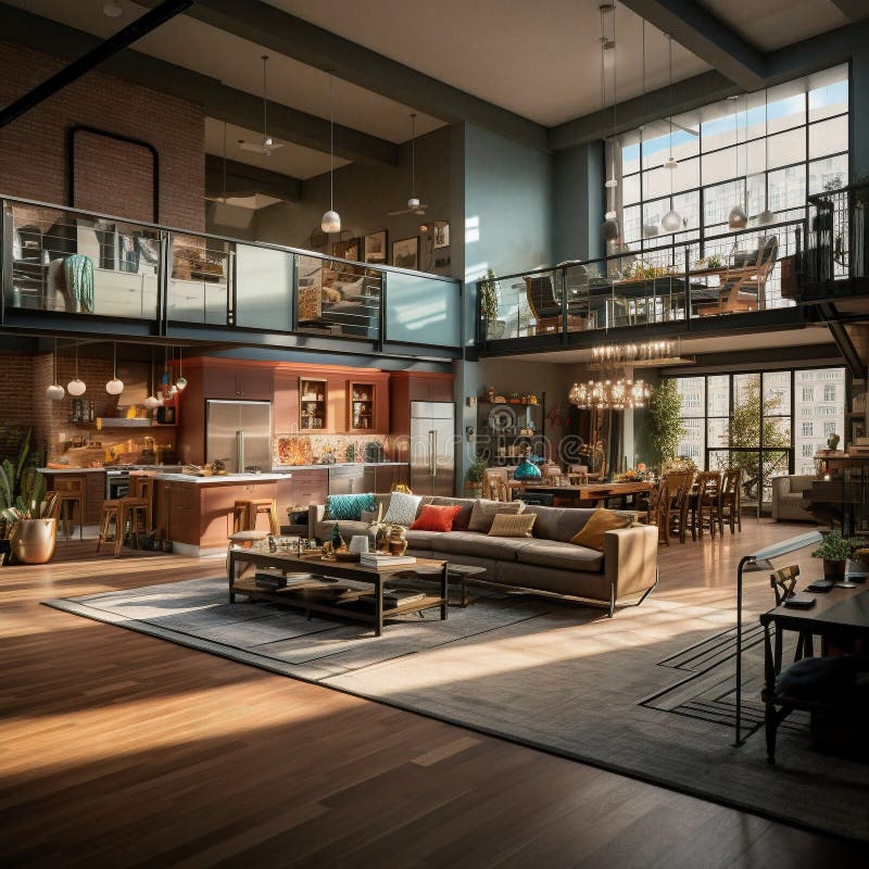 City Two-Story Loft Space Interior Stock Illustration - Illustration of ...