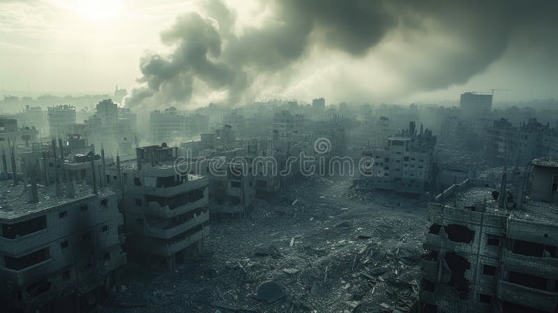 City Under Attack: Drone View with Mosque. Stock Illustration ...