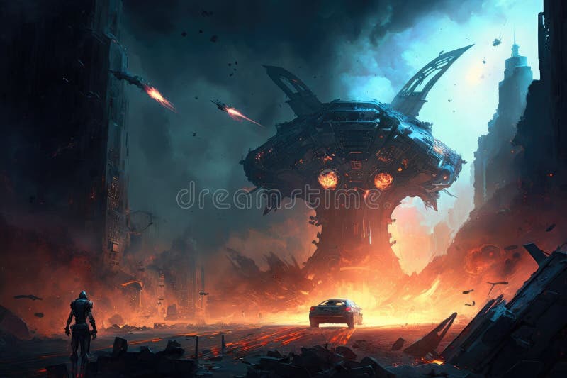 City Under Siege from Onslaught of Alien Blaster Fire and Destruction ...