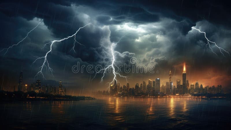 A City Under a Storm with Lightning and Rain, AI Stock Photo - Image of ...