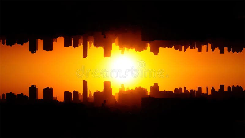 City Upside Down in an Orange Sky while the Sun is Setting. Stock ...