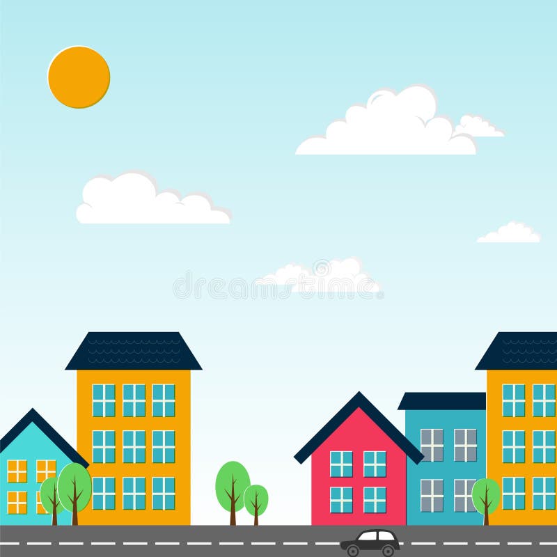 Colorful Stylized City with Sun and Trees Isolated Stock Vector ...
