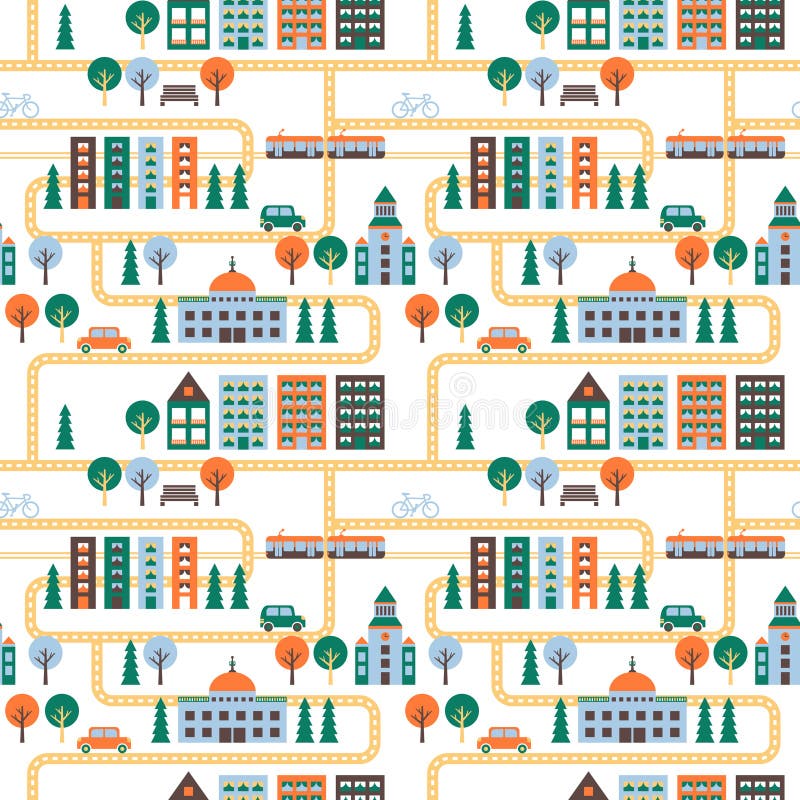 City Vector Seamless Pattern with Road. Minimalistic Design Stock ...