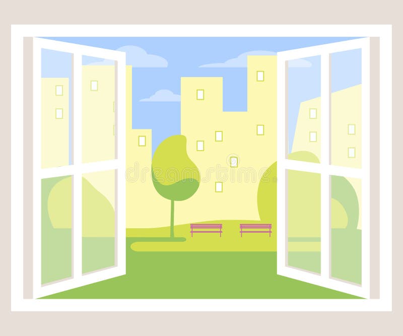 City View Open Window Background Stock Vector - Illustration of bench ...