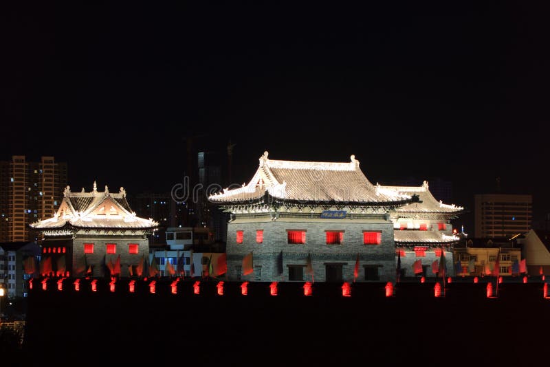 The City Wall of Datong Illuminated at Night Stock Photo - Image of ...
