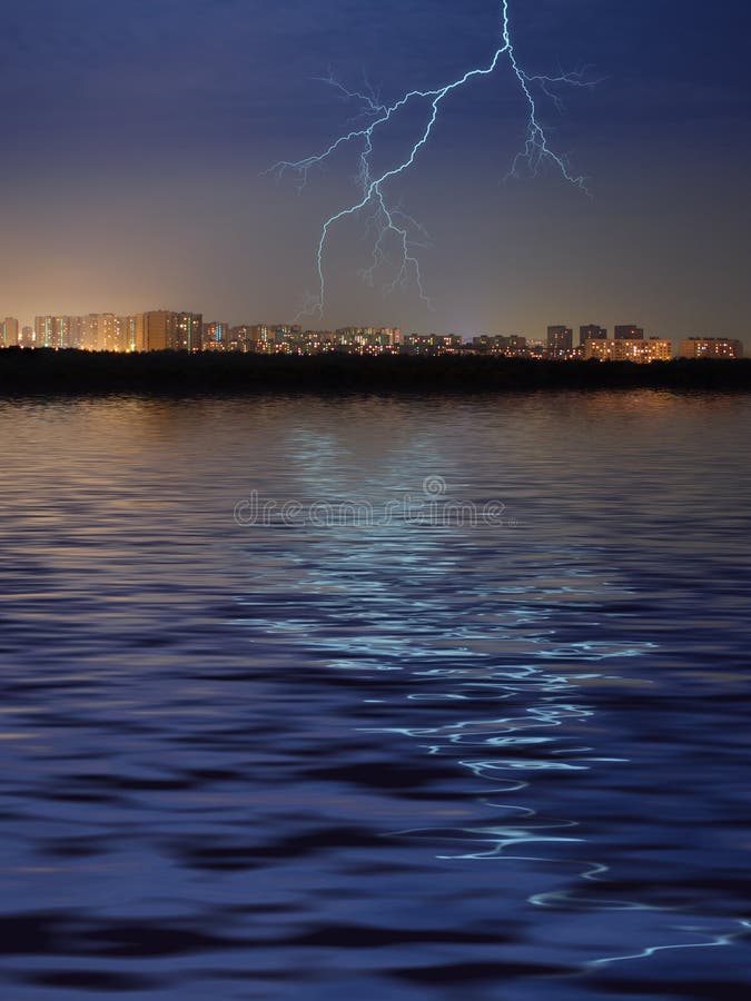 City, water and lightning stock image. Image of lightning - 3701457