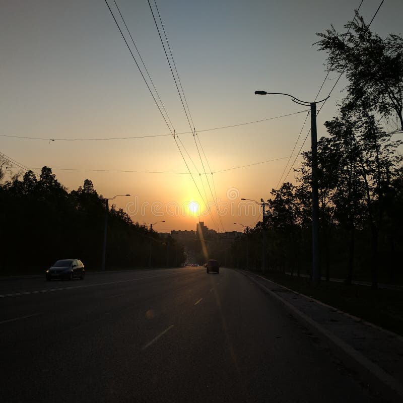 City way to sunset stock image. Image of road, sunset - 164678225