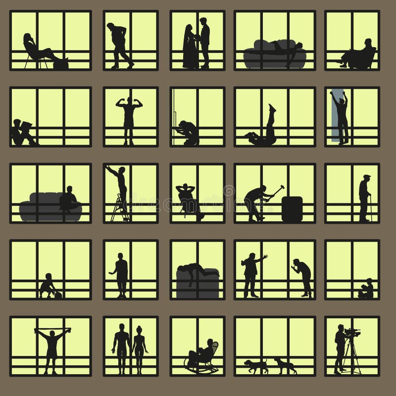 City Window at Night. Vector Illustration of Apartment Buildings with ...