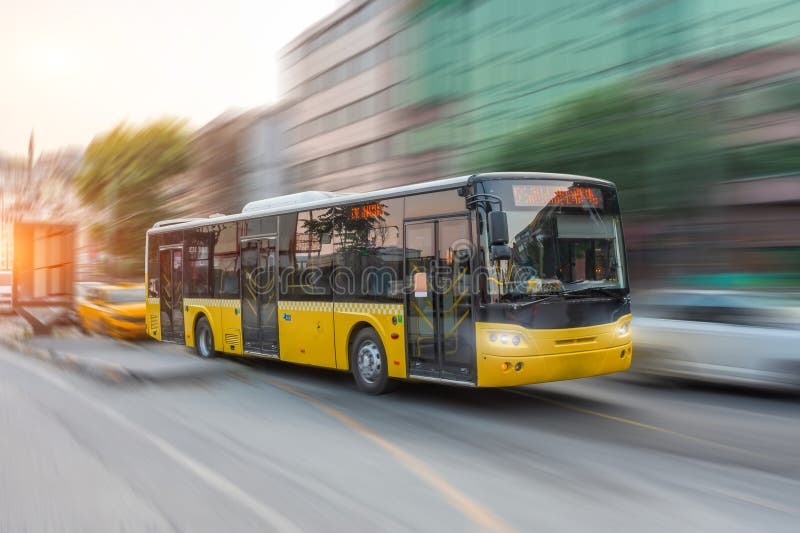 City Yellow Bus Rush Motion Blur Effect through the Streets of the City ...