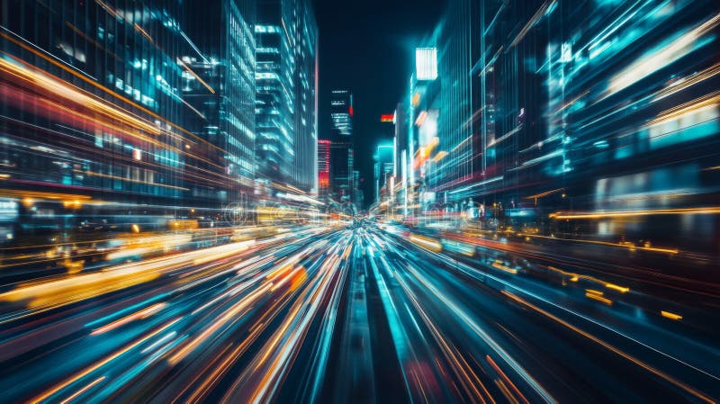 Cityscape with Abstract Light Trails at Night Stock Illustration ...