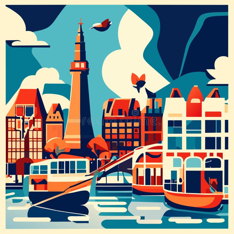 Cityscape of Amsterdam in Netherlands. in Flat Style. AI Generated ...