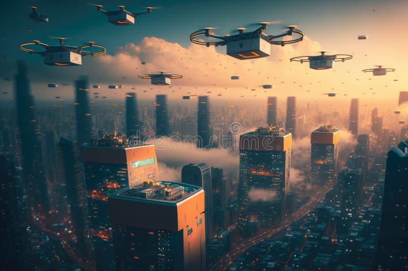 Cityscape with Autonomous Delivery Drones in the Sky Stock Illustration ...
