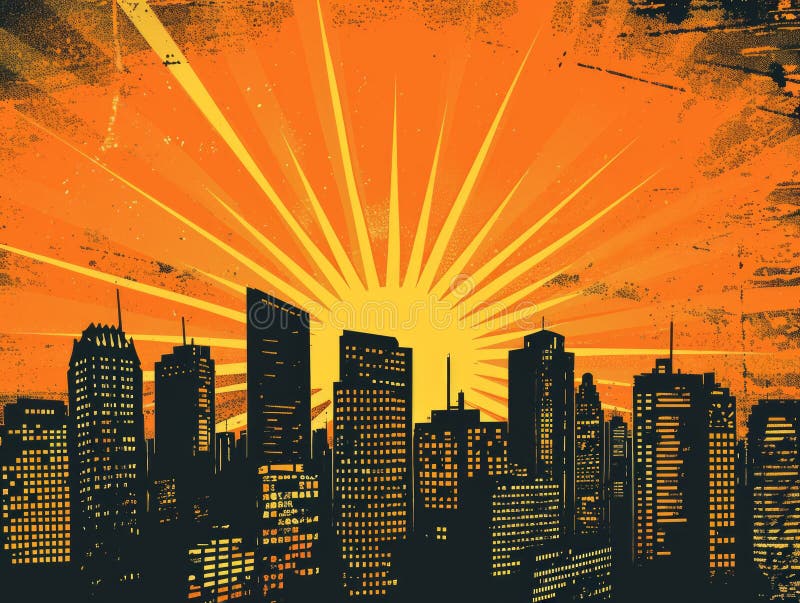 Cityscape Background with Sunbeams and Grunge Textures. Illustration ...