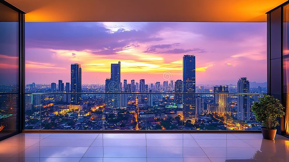 Cityscape Balcony View at Sunset Stock Illustration - Illustration of ...