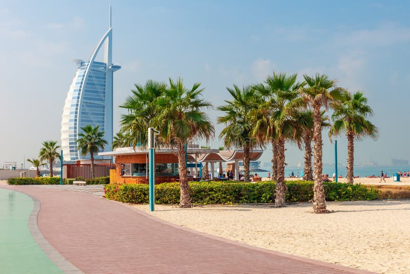 Cityscape with Beautiful Park and Beach with Palm Trees in Dubai, UAE ...