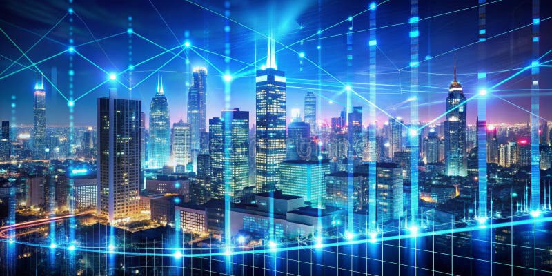 Cityscape with Blue Digital Network and Growth Chart Stock Illustration ...