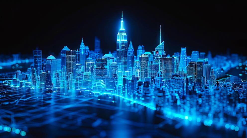 A Cityscape with Blue Lights and Lines Stock Image - Image of building ...