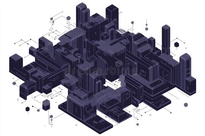 A Cityscape with Buildings Made of Cubes and Wires Stock Illustration ...