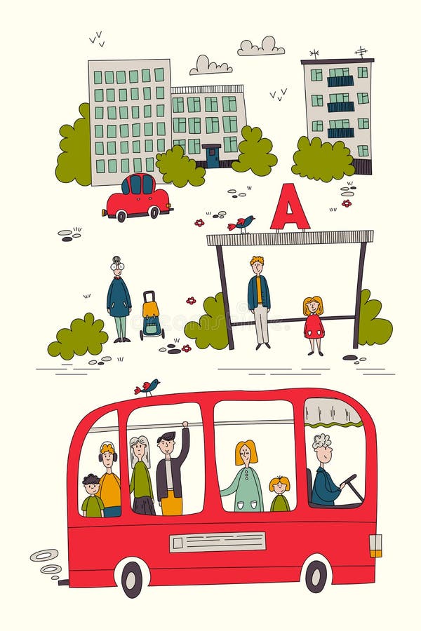 Cityscape with Bus, Bus Stop. Passengers at the Bus Stop and on the Bus ...