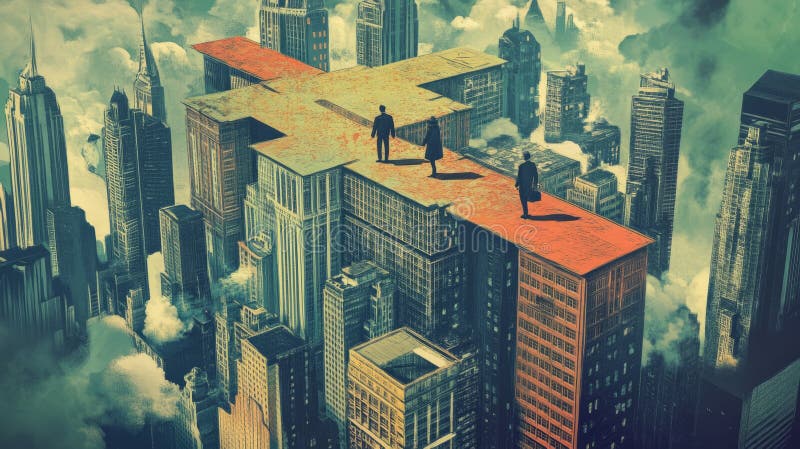 Cityscape Businessmen on Rooftop Bridge Stock Illustration ...