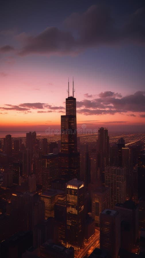 Cityscape of Chicago at Dusk with Lights from the Skyline. Generative ...