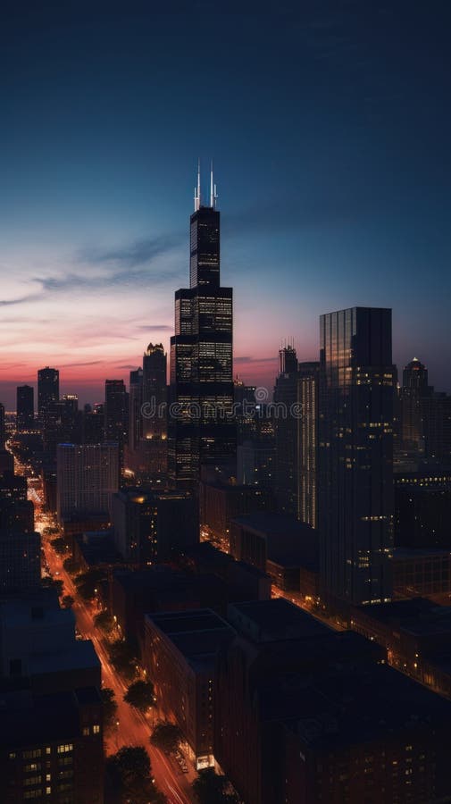 Cityscape of Chicago at Dusk with Lights from the Skyline. Generative ...