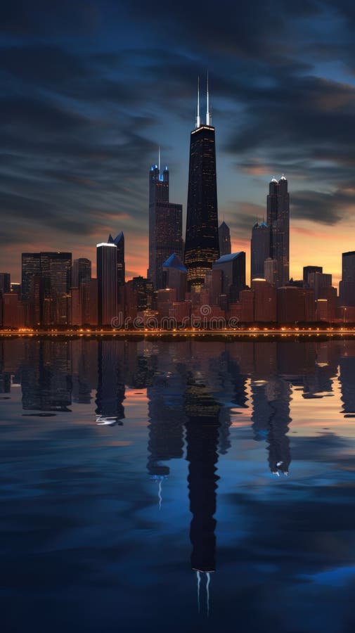 Cityscape of Chicago at Dusk with Lights from the Skyline. Generative ...