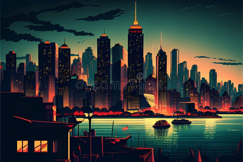 Cityscape of the City at Sunset. Vector Illustration Stock Illustration ...