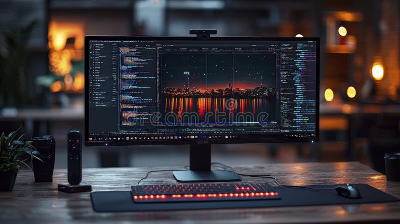 Cityscape Coding Night with Modern Tech Setup Stock Illustration - Illustration of focus ...