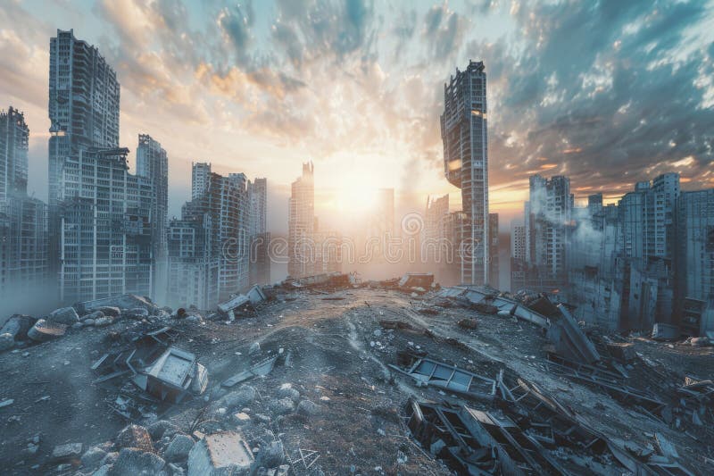 A Cityscape with Crumbling Buildings and Debris-filled Streets Stock ...