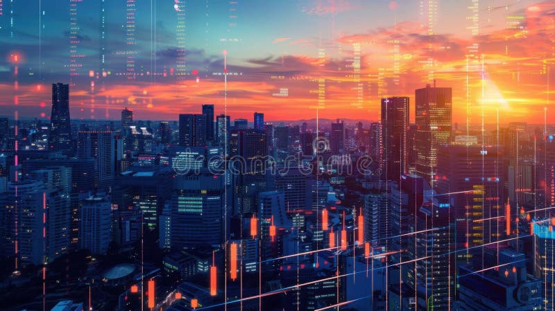 Cityscape with Data Overlay, Financial Market Visualizations Stock ...