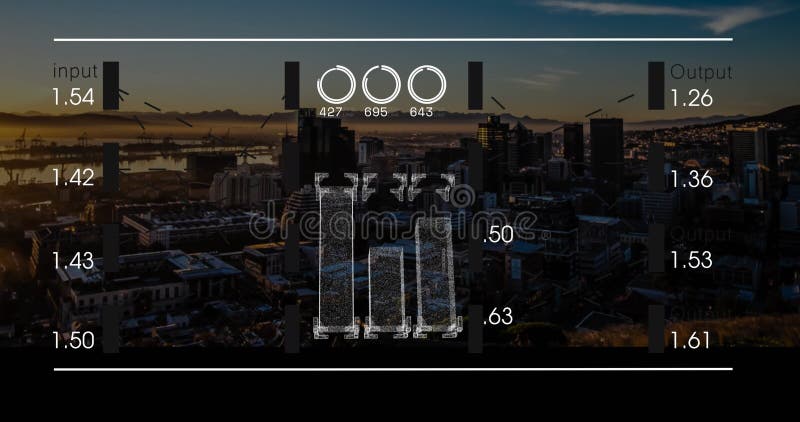 Cityscape with Data Processing Animation Overlay Showing Input and ...