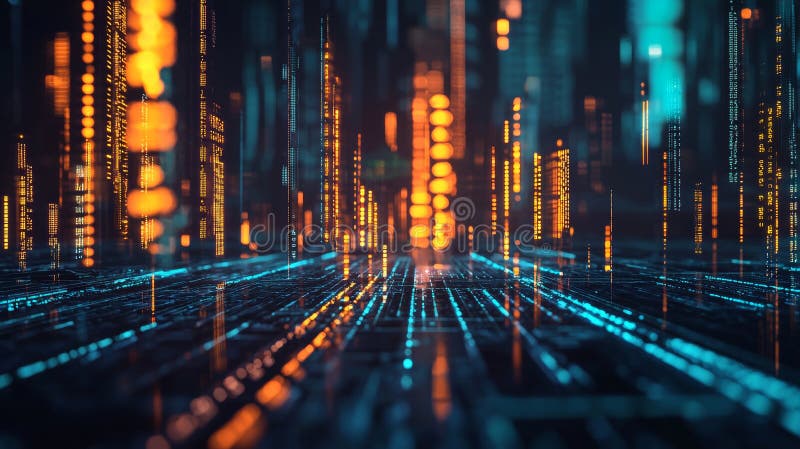 Cityscape Data Visualization with Glowing Lights and Digital ...