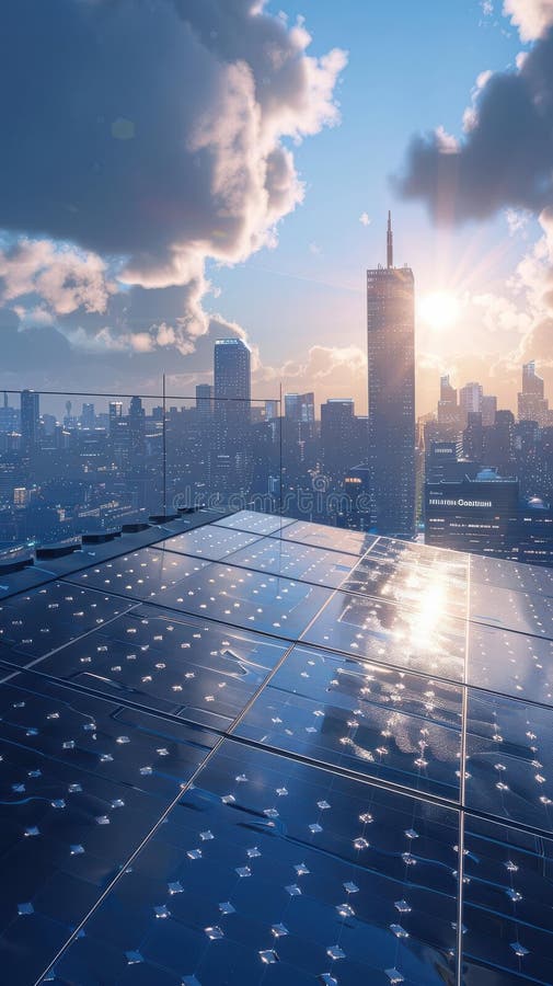 Cityscape at Dawn with Solar Panels and High-Rise Buildings Stock ...