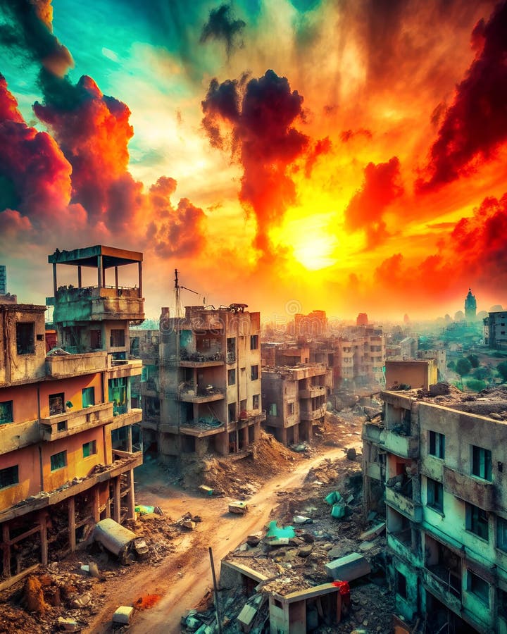 Cityscape Destroyed by War. the Sky Looks Gloomy Stock Illustration ...