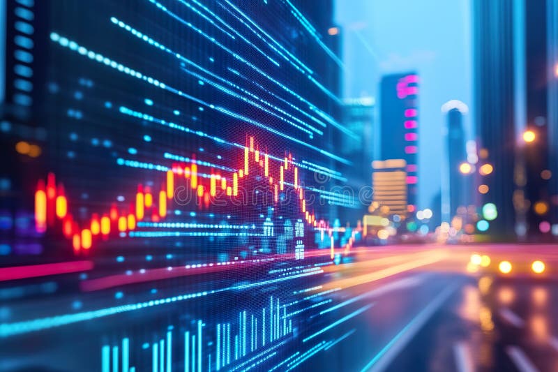 Cityscape Digital Data Display with Bright Urban Night Lights and Stock ...