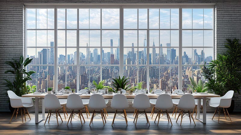 Cityscape Dining Room with Large Windows Stock Photo - Image of ...
