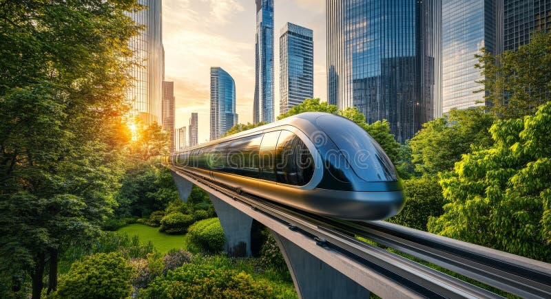 The Cityscape is Dominated by a Futuristic Train Making Its Way through ...
