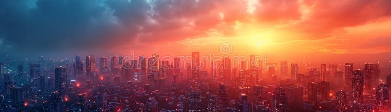 Cityscape with a Dramatic Sunset Over a Skyline Stock Illustration ...
